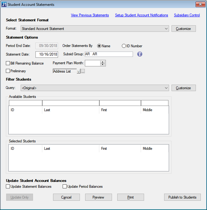 Student Account Statements Window